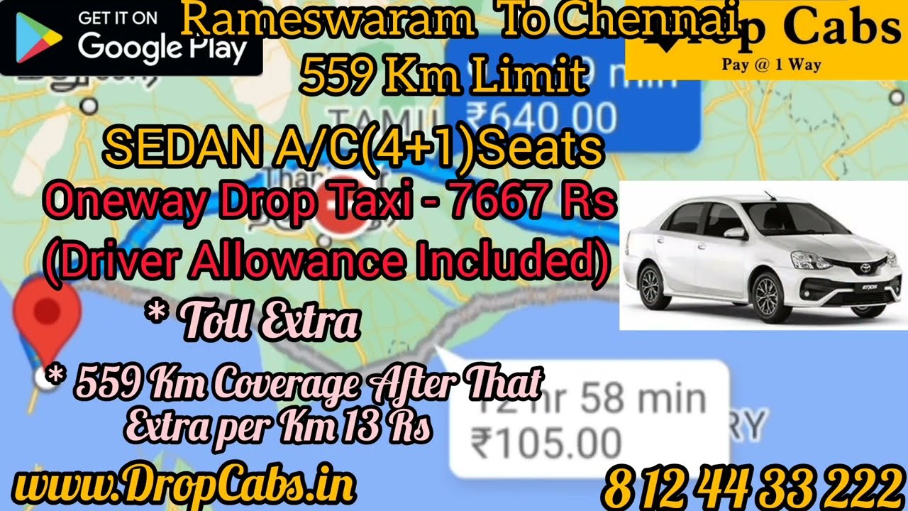 Rameswaram to Chennai Drop Cabs @ 7667RS Oneway Drop Taxi, Round Trip