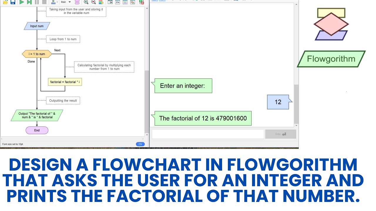 Design a flowgorithm that asks the user for an integer and prints the factorial of that number.
