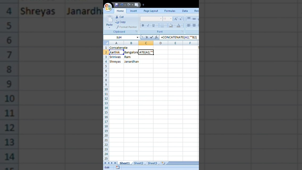 addition of space in concatenation formula in excel