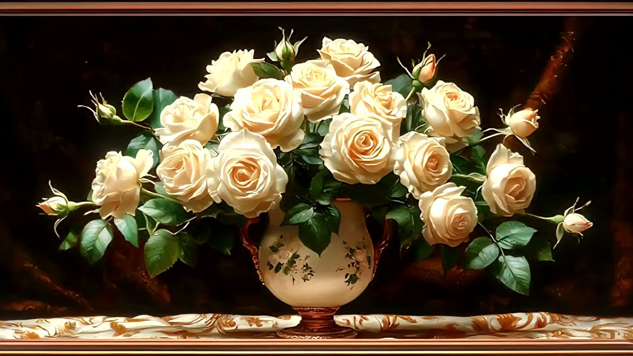 4K Ultra HD Cream Roses Still Life🌹|6 Hours Relaxing Floral TV Background | Elegant Art Screen Saver