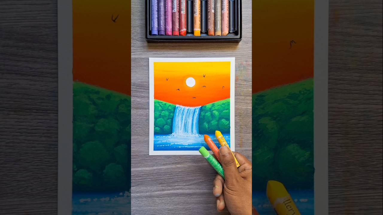 🌅 Beautiful Waterfall Scenery Drawing | Easy Oil Pastel Landscape for Beginners