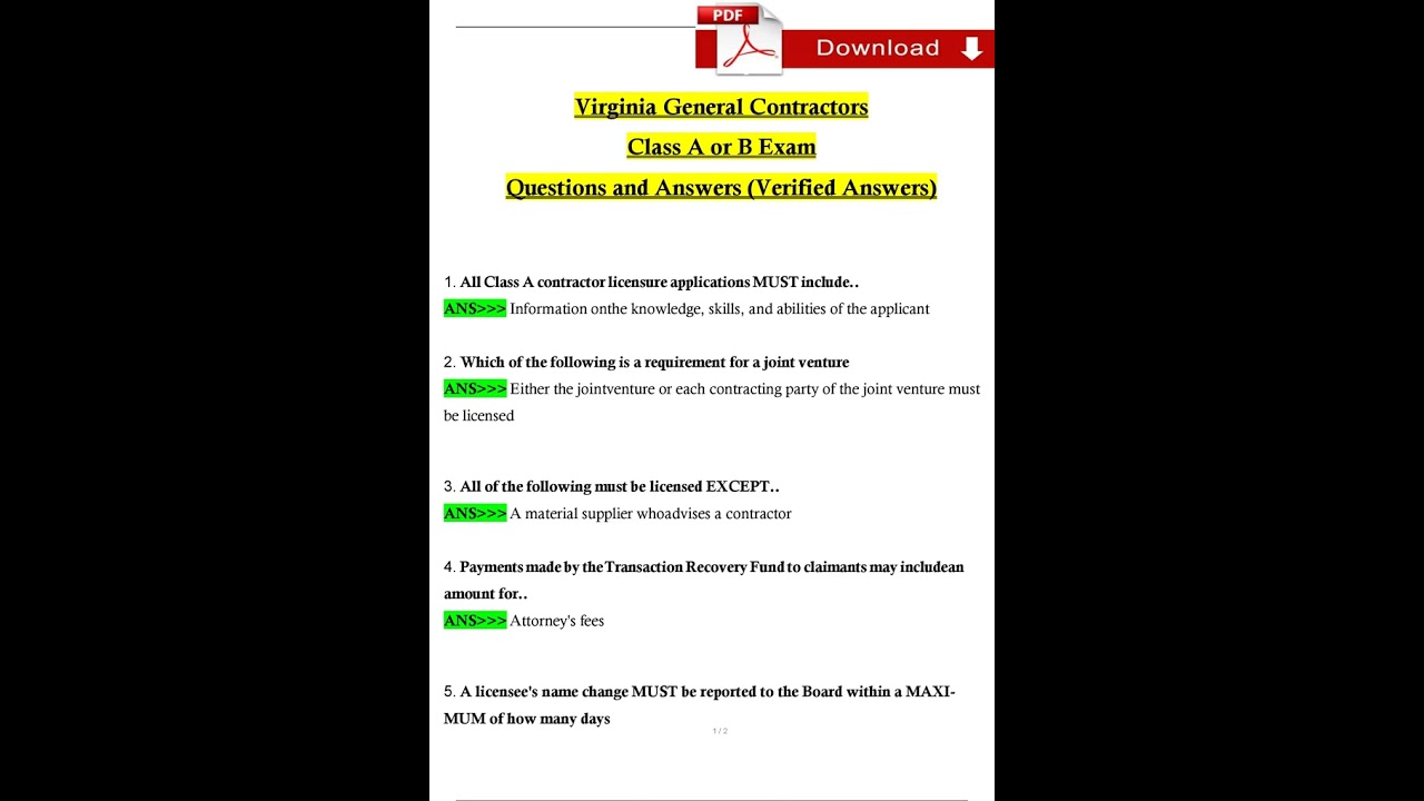 VIRGINIA GENERAL CONTRACTORS CLASS A OR B EXAM QUESTIONS AND ANSWERS 2024 2025 100 VERIFIED ANSWERS