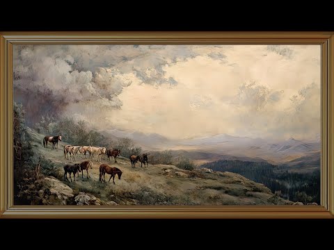 Wild Horses in a Field Oil Painting | Gold Framed TV Art | Screensaver for TV | Landscape Horses
