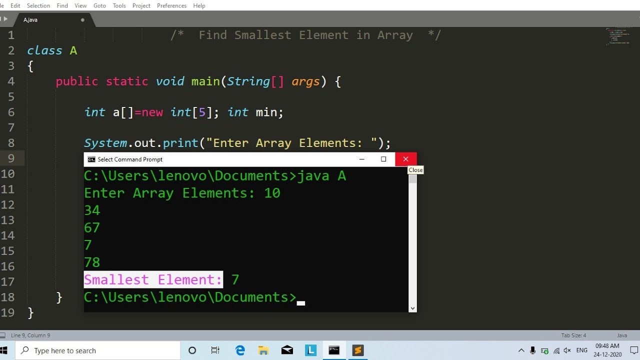 Java program to find smallest element in array | Learn Coding