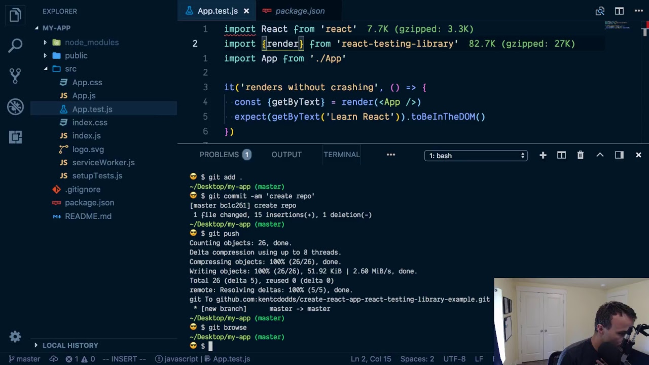 Using react-testing-library with create-react-app