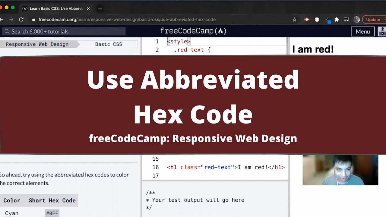 Use Abbreviated Hex Code (Basic CSS) freeCodeCamp tutorial