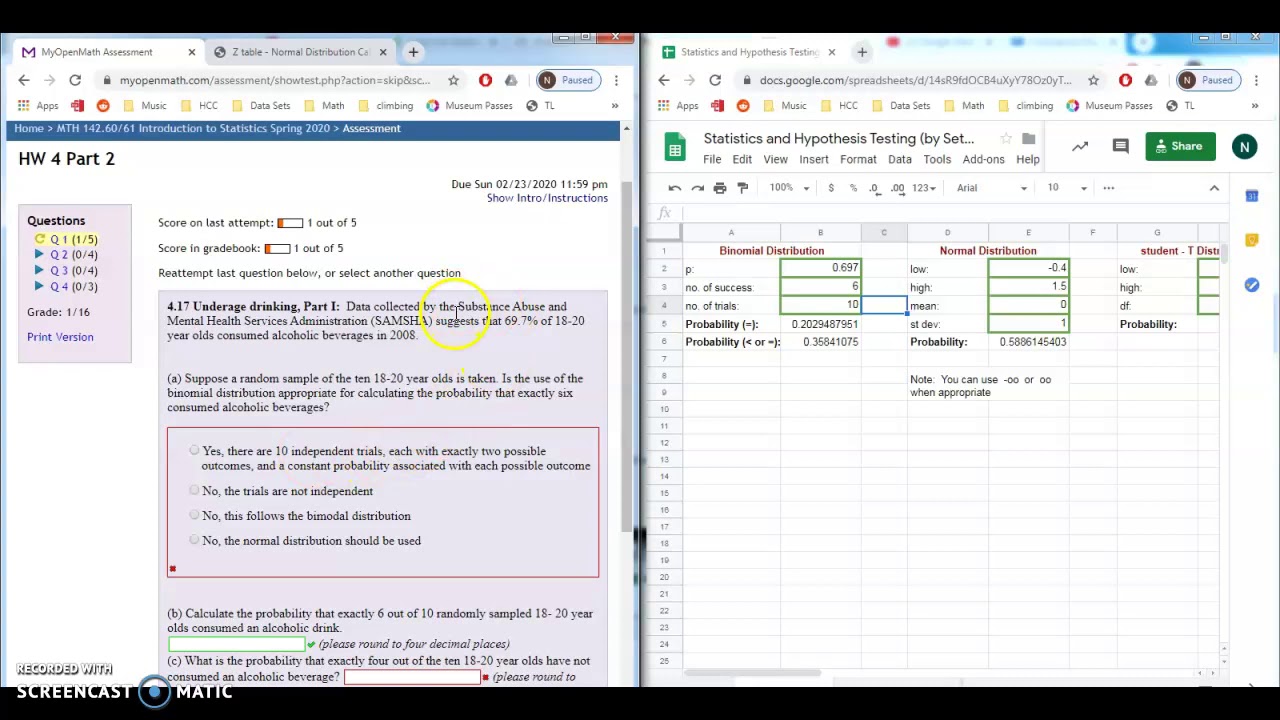 Google sheets calculator with Binomial Pdf prob4.17