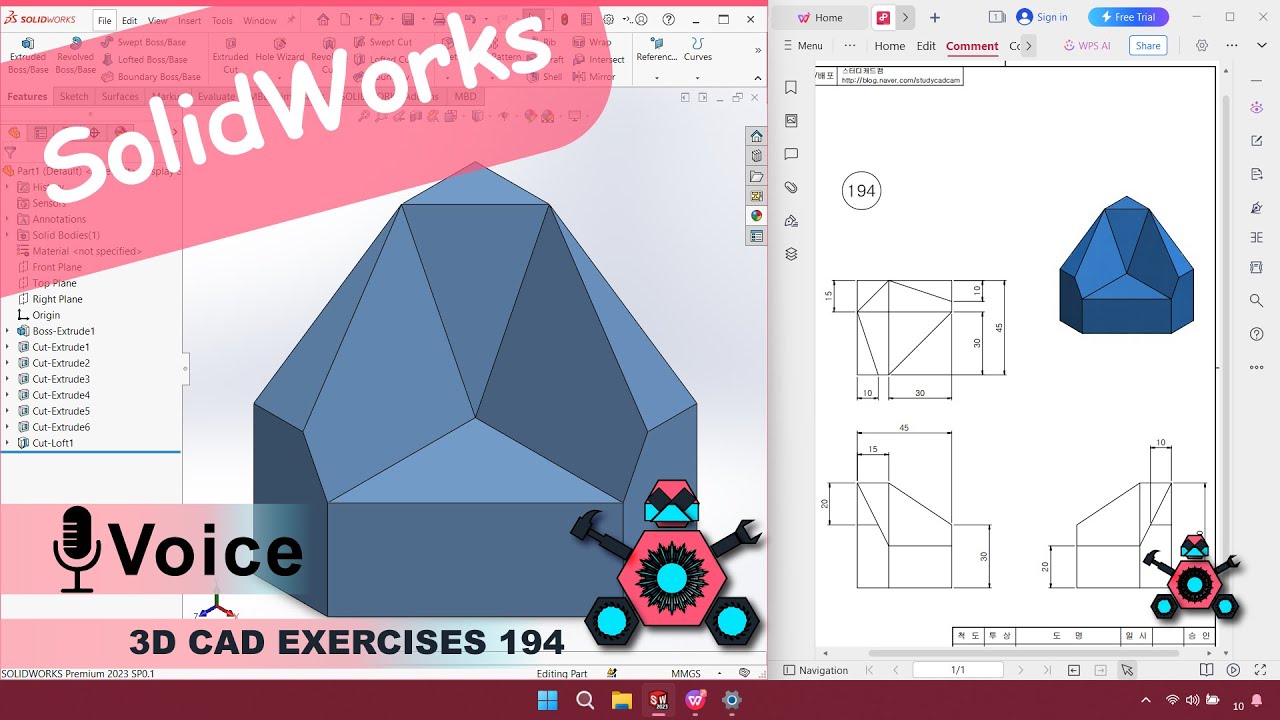 SolidWorks | 3D CAD EXERCISES 194 | StudyCadCam | Solution Tutorial |