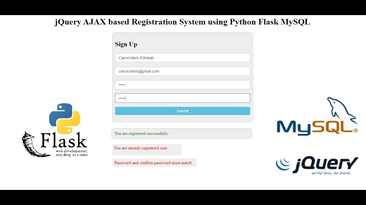 jQuery AJAX based Registration System using Python Flask MySQL