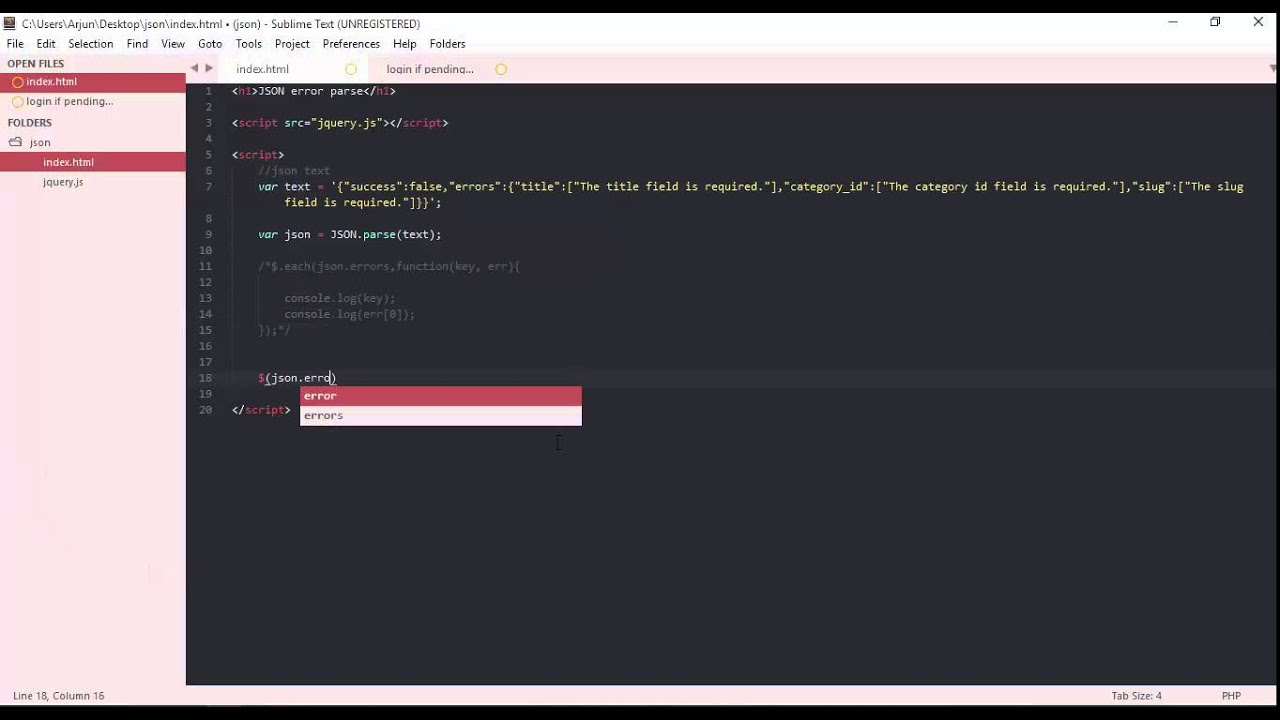 jquery - JSON.parse errors, $.each loop, problem