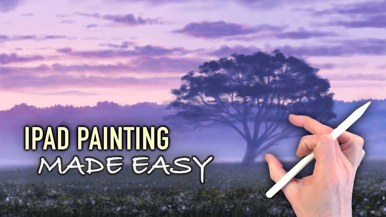 IPAD PAINTING TUTORIAL - Trees in misty fields Landscape in Procreate