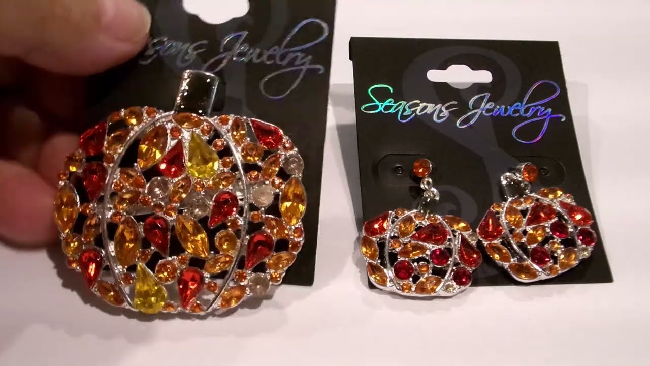 Stone Halloween Pumpkin Pin & Earrings