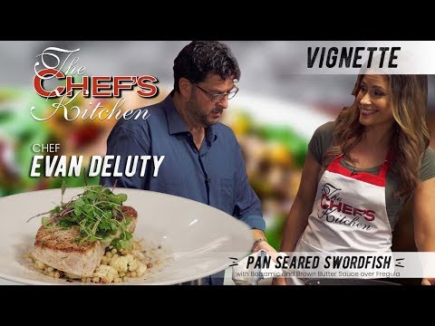 Pan-Seared Swordfish Steak over Fregula with a Caprese Salad | Chef Evan Deluty | Vignette
