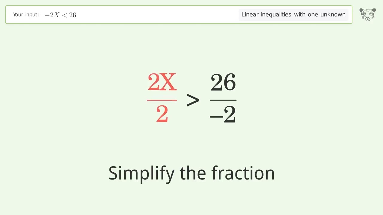 -2X less than 26 - Solve linear inequalities with one unknown