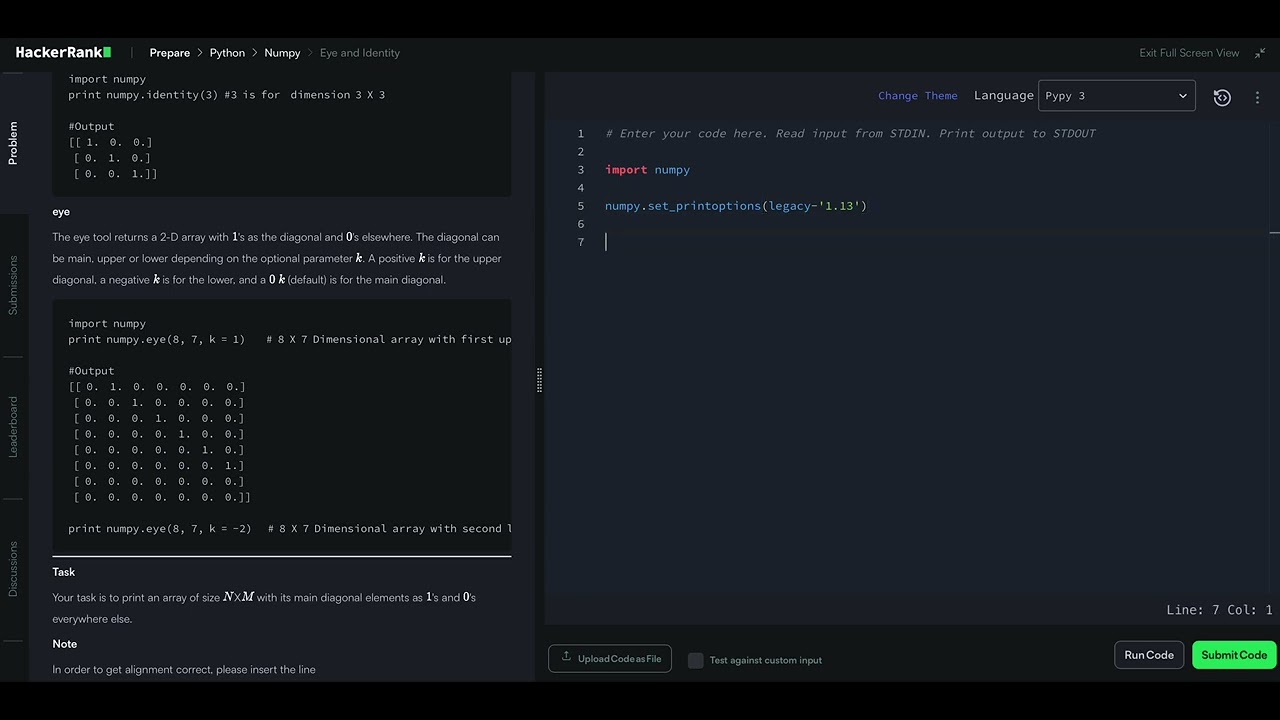 Hackerrank Python Solution  #6 Numpy - Eye and Identity
