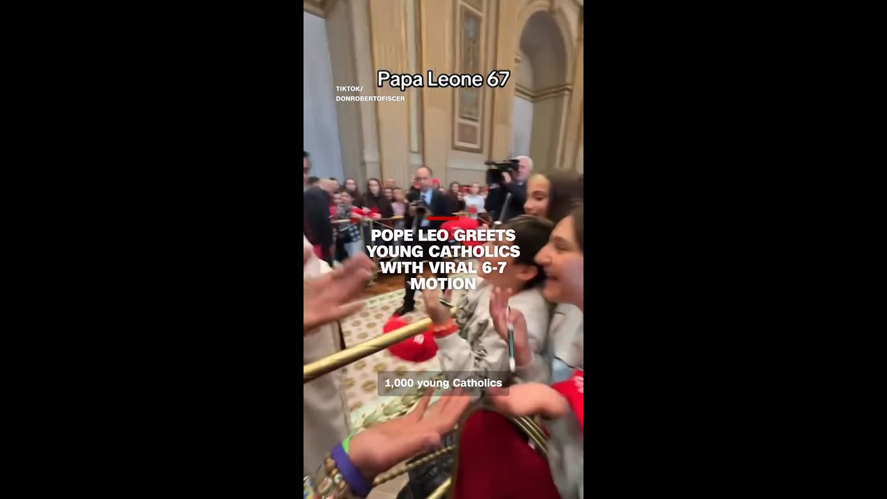 Pope Leo greets young Catholics with viral 6-7 motion