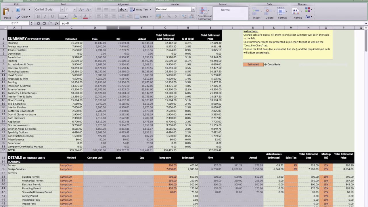 Home Construction Spreadsheet Tutorial