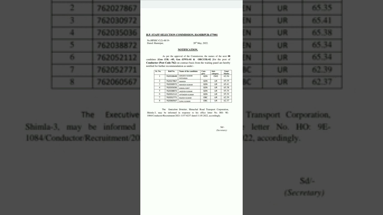 hpssc waiting panel conductor post code 762