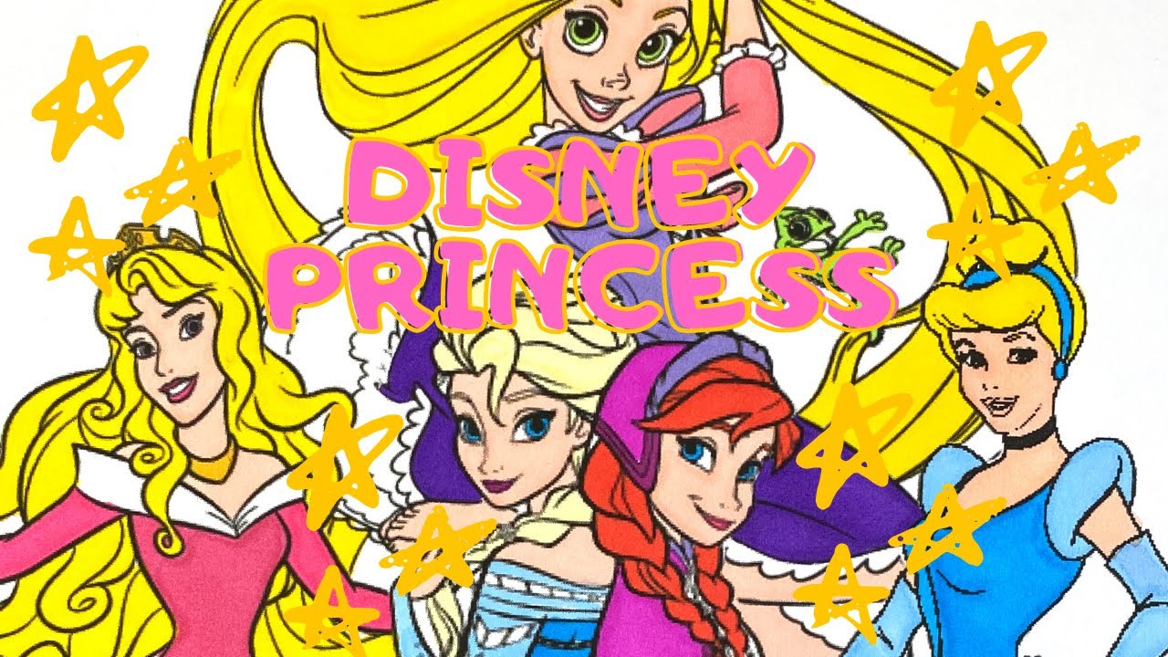 Disney Princess Coloring Video - Elsa, Anna, Cinderella, Rapunzel, Aurora
