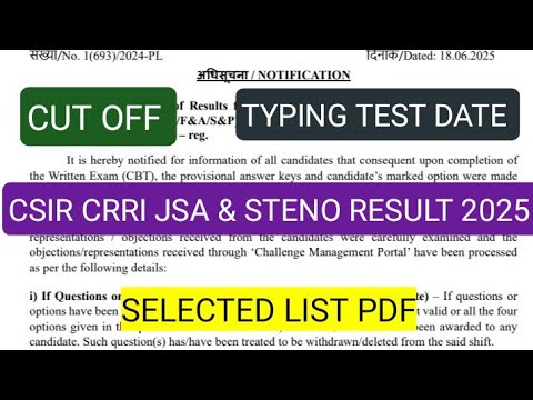 CSIR CRRI JSA&STENO RESULT 2025 | CSIR CRRI JSA CUT OFF 2025 | CSIR CRRI TYPING TEST DATE 2025