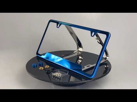 KA DEPOT Blue Chrome Bottom Corner Cut Out Style License Plate Frame + Metal Screw Cap Set