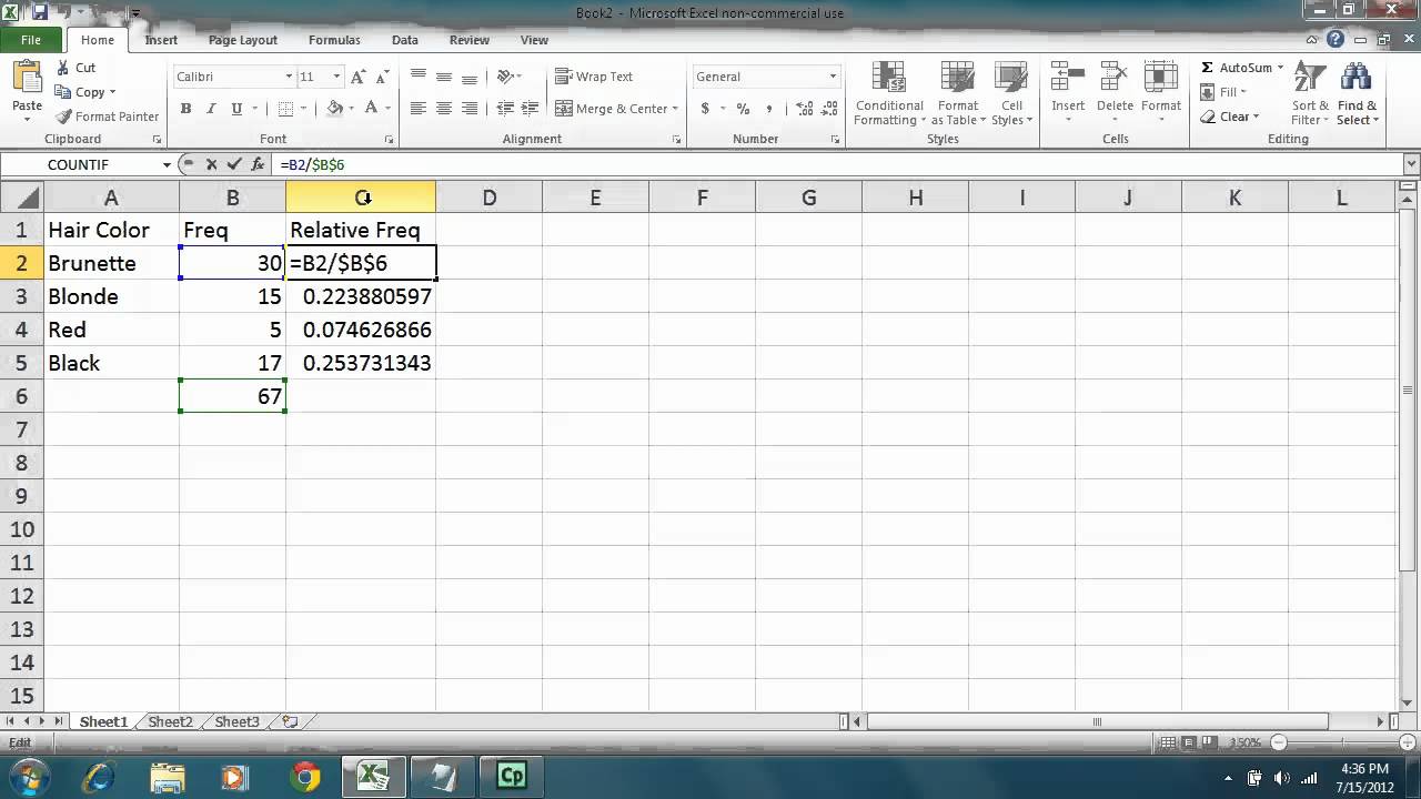 Statistics - Excel 2010 - Qualitative Data - Calculating Relative Frequency