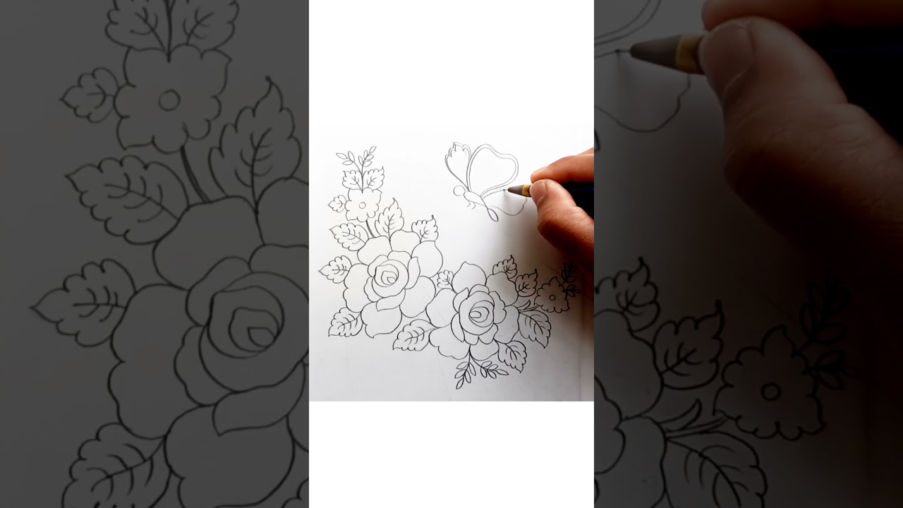 how to draw flowers & butterfly with pencil sketch,rose flower drawing,butterfly drawing