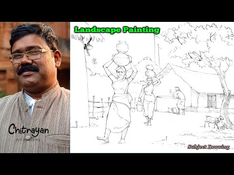 | Village Scenery Drawing Sketch | Village Scenery Drawing Easy | How To Draw Village Step By Step |