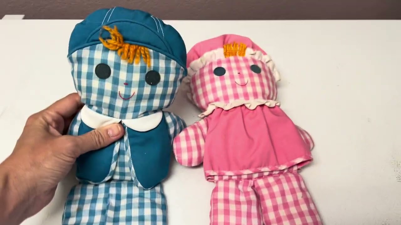 Vtg Fisher Price Lolly Dolly Cholly Rattle Doll Plush Gingham Pink Blue Set 70s