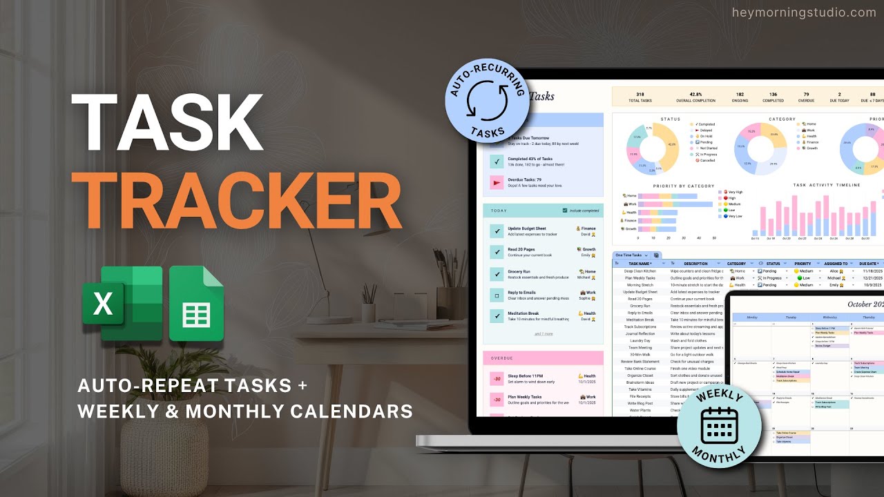 Task Tracker Spreadsheet - To Do List Template - Recurring Tasks Tracker - Weekly & Monthly Calendar
