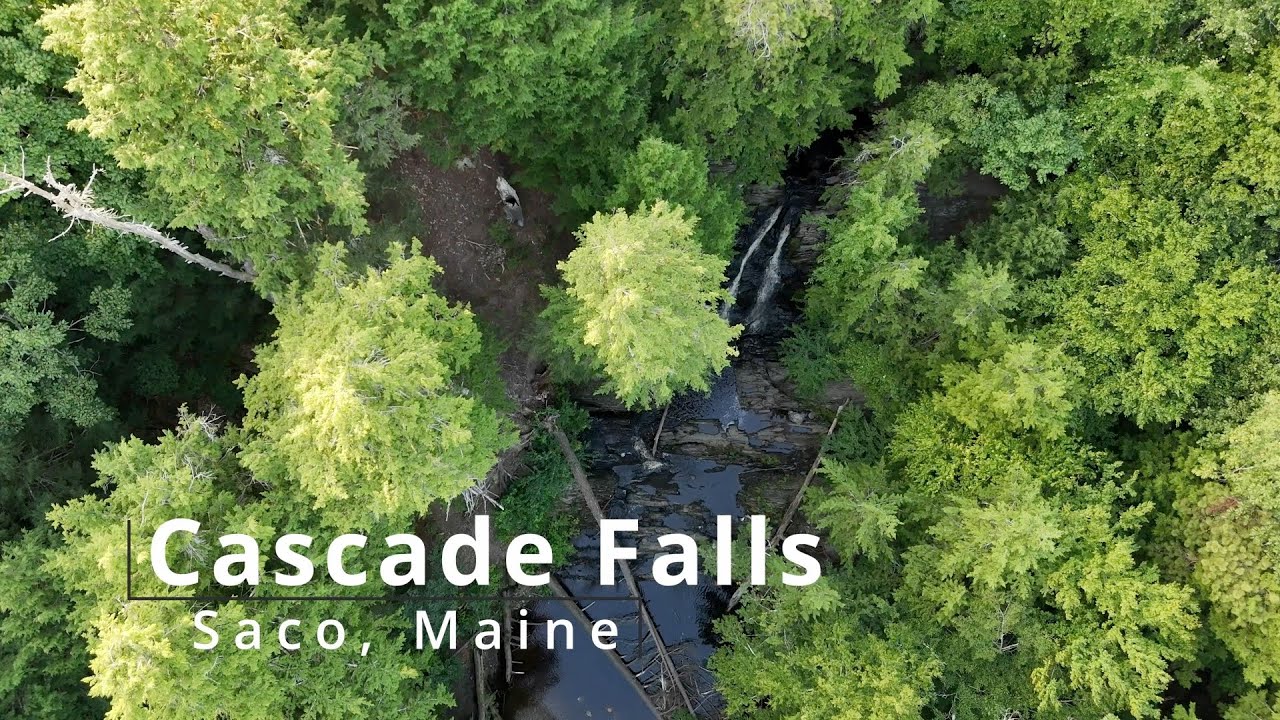 Aerial video of Cascade Falls, Saco Maine in Beautiful 4 K