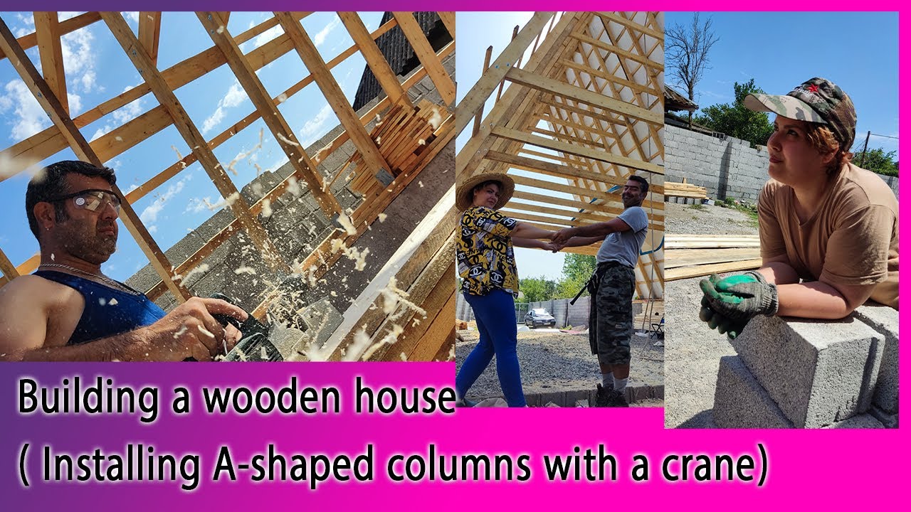 (Making an A-frame house)Lifting and installing the A-shaped columns in their place