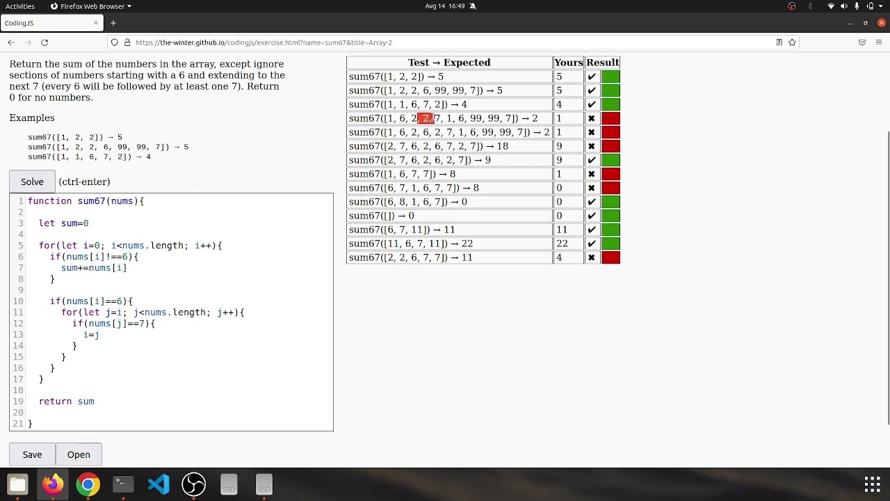 Codingjs (Codingbat)  Array-2 --sum67 Javascript solution
