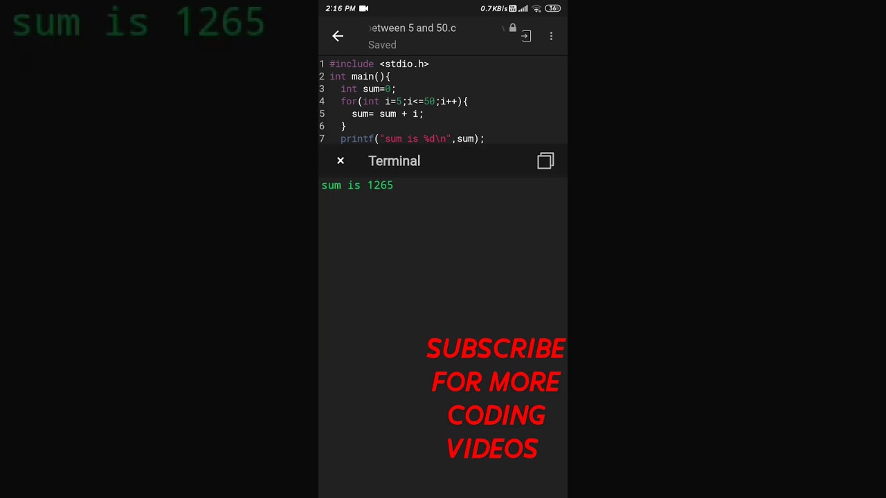 Write a C program to print the sum of a number from 5 to 50 | #c #loop #Learncoding #collegewallah