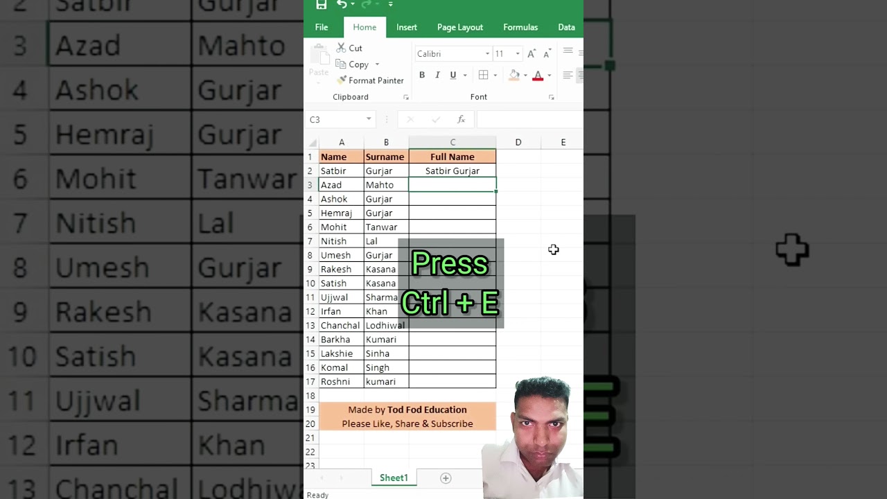 Flash Fill- Full Name- Excel tips & Tricks from  ‪@todfodeducation‬​