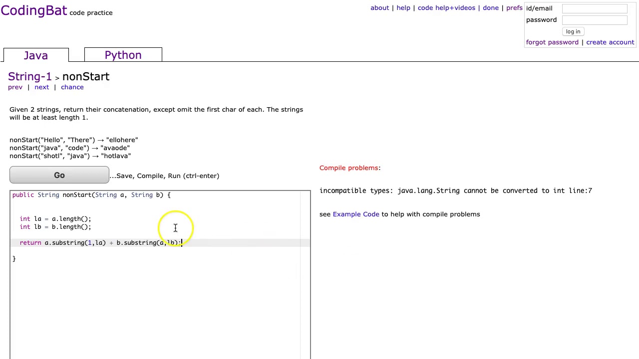 Codingbbat - nonStart (Java)