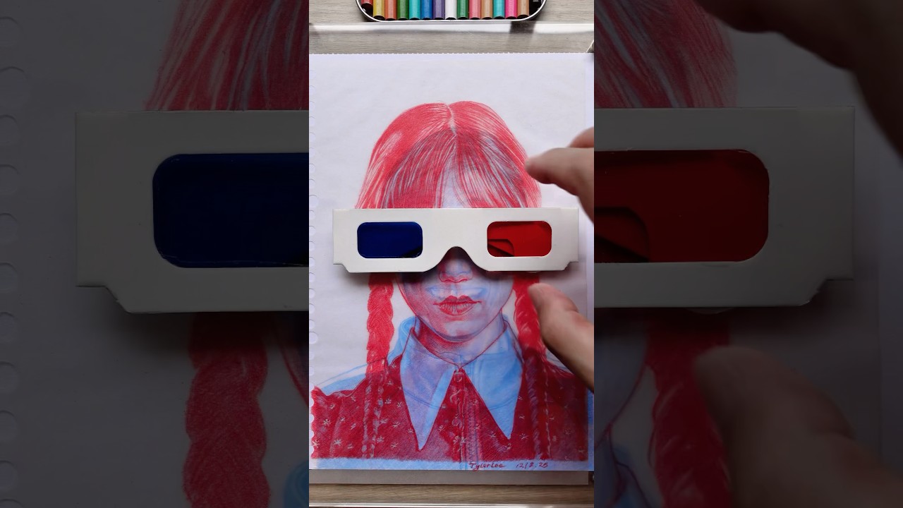 Wednesday Meets Grandma 149 (Squid Game) 🖤❤️ #art #drawing #3dglasses