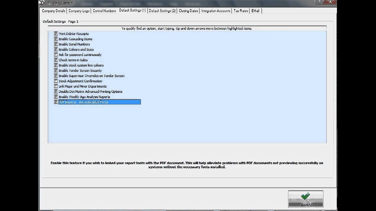 IQFreepos - Utilities - Setup - Default Settings 114 - PDF Export