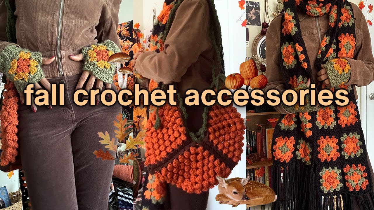 🍂 Fall Crochet Accessories 🍂 | Granny Square Gloves, Scarf, Pumpkin Bag
