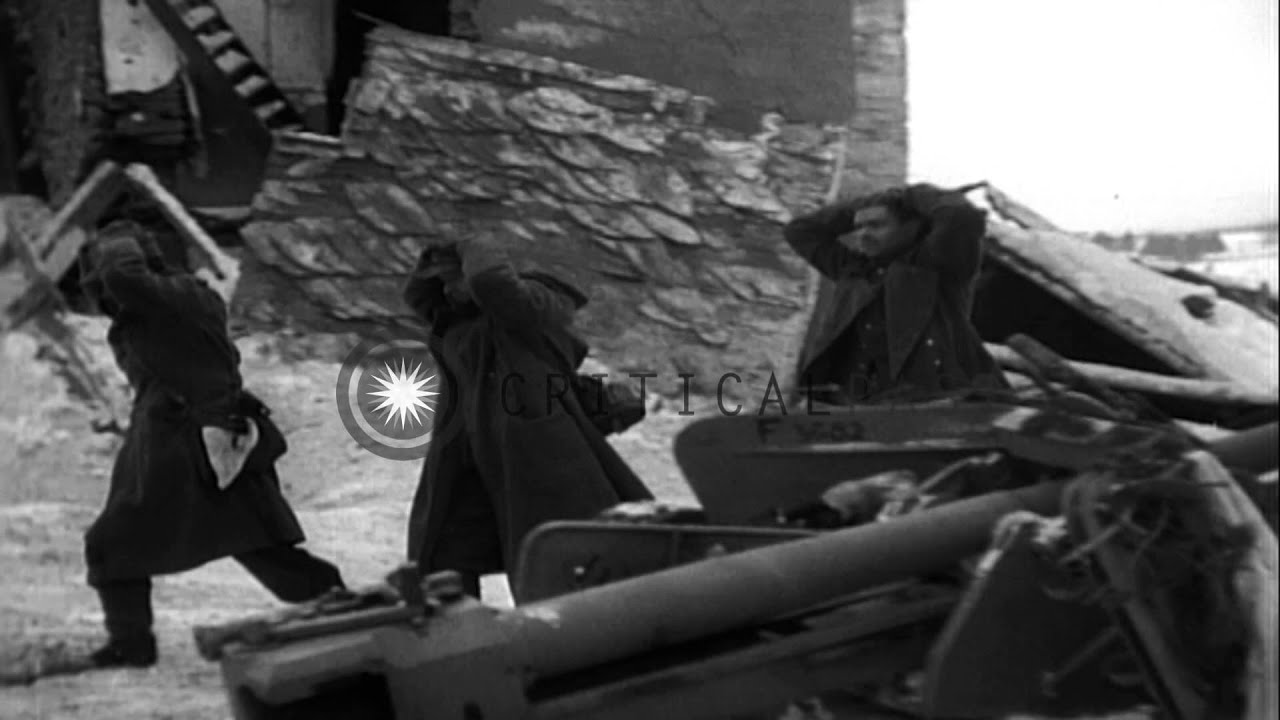 US infantrymen search for German prisoners and soldier advance with bayonet rifle...HD Stock Footage
