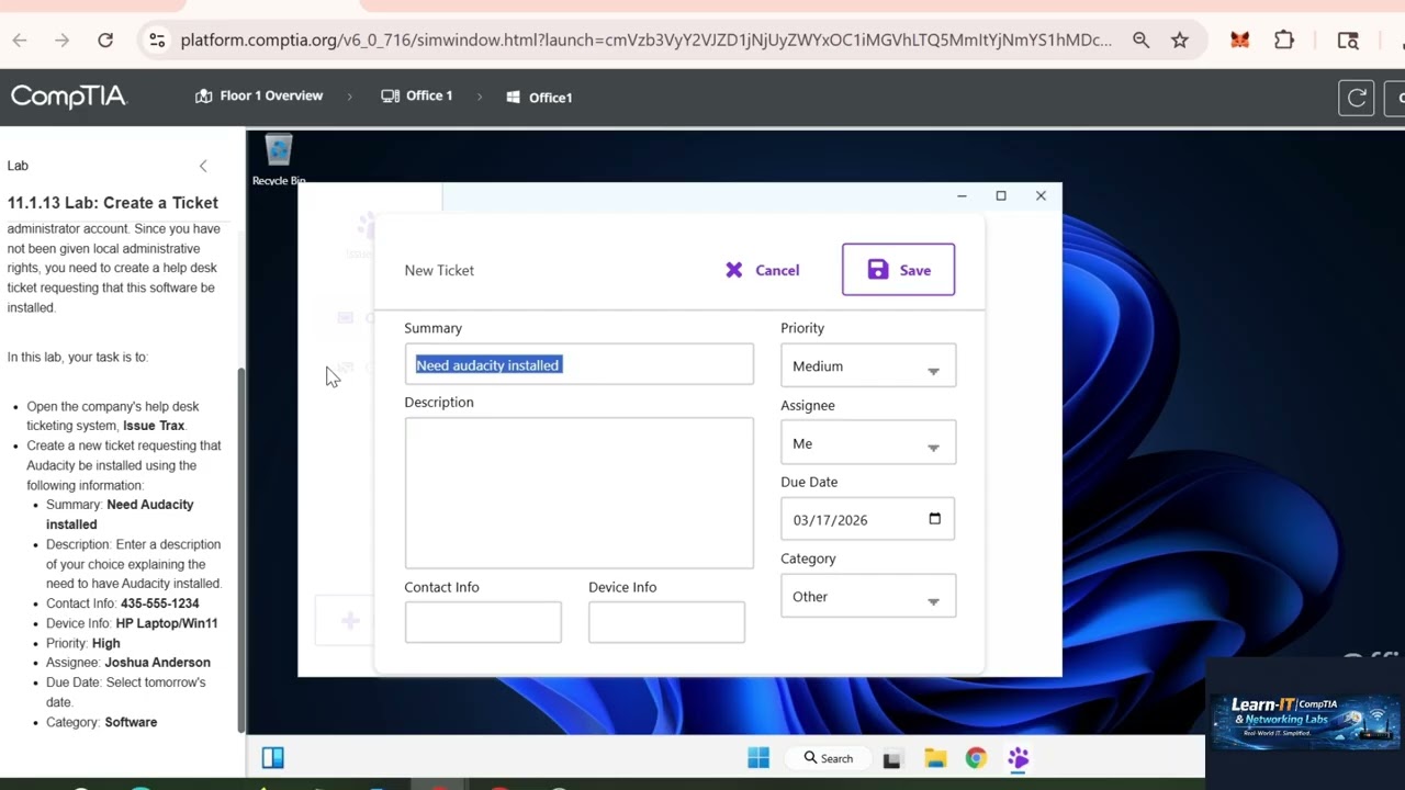 CompTIA A+ 11.1.13 Lab | Create a Ticket | Step-by-Step Help Desk Guide