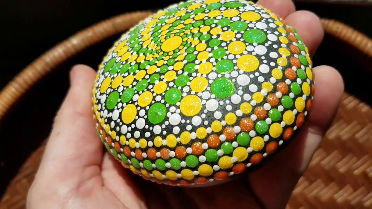 BurntBirch.etsy.com dot mandala stone - green, yellow, orange