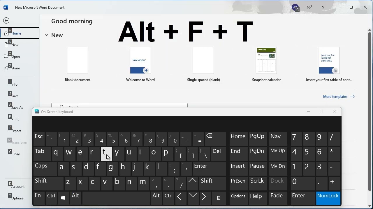Shortcut to open options dialog box in word