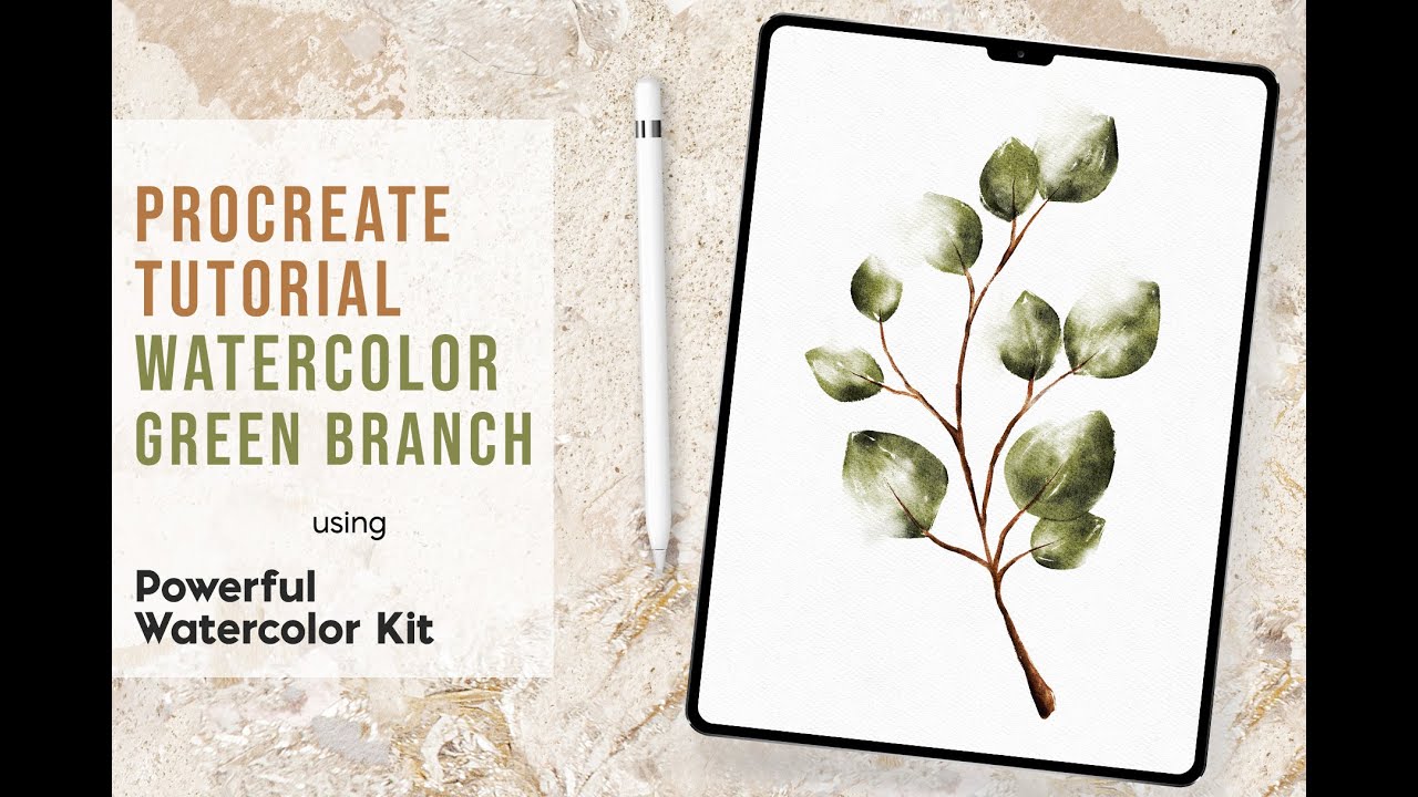 Watercolor Green Branch. Procreate Tutorial.