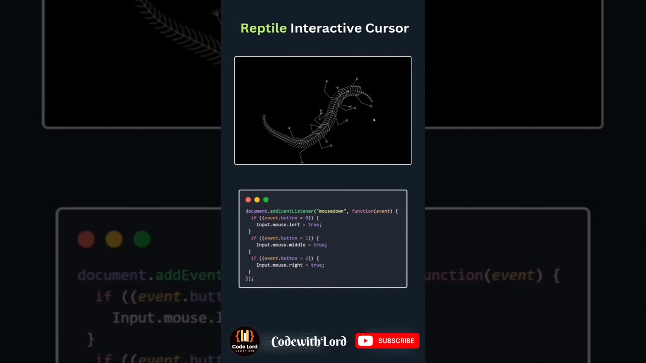 🦎 Reptile-Style Interactive Cursor (Tail + Ripple)  HTML/CSS/JS! #Shorts #viral #CodeWithLord