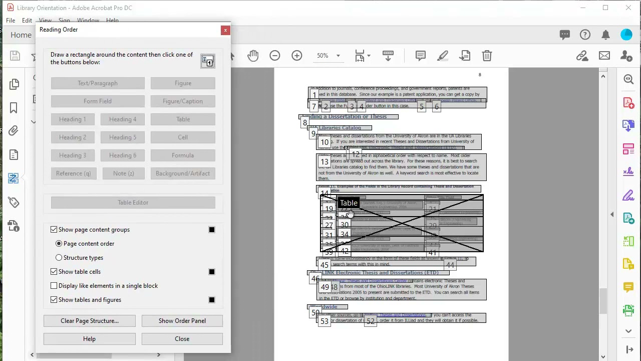 Configuring a table in a PDF using the reading order panel table editor