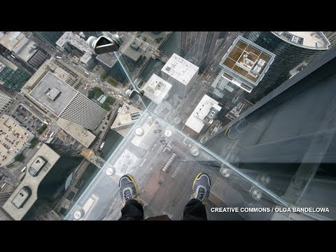 Willis Tower glass bottom observation deck shatters; 1,000 ft high glass slide - Compilation