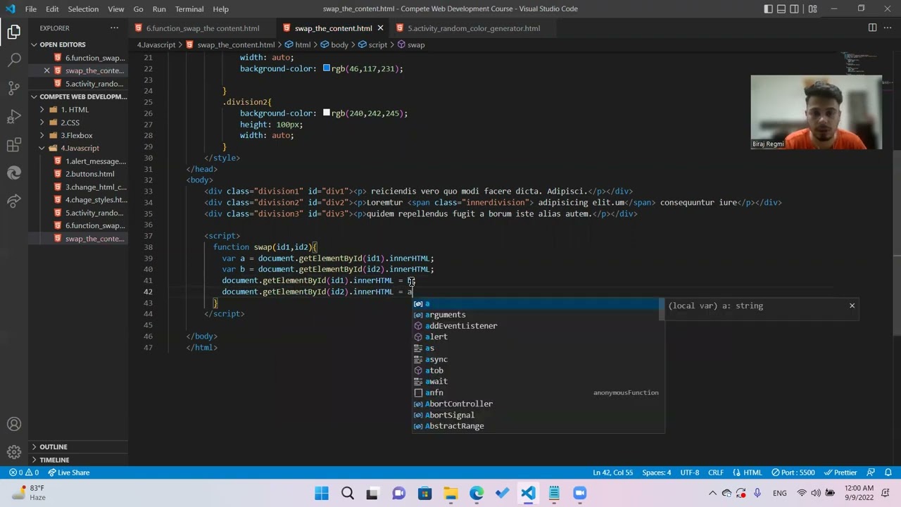 How to swap the inner content of two div using JavaScript.