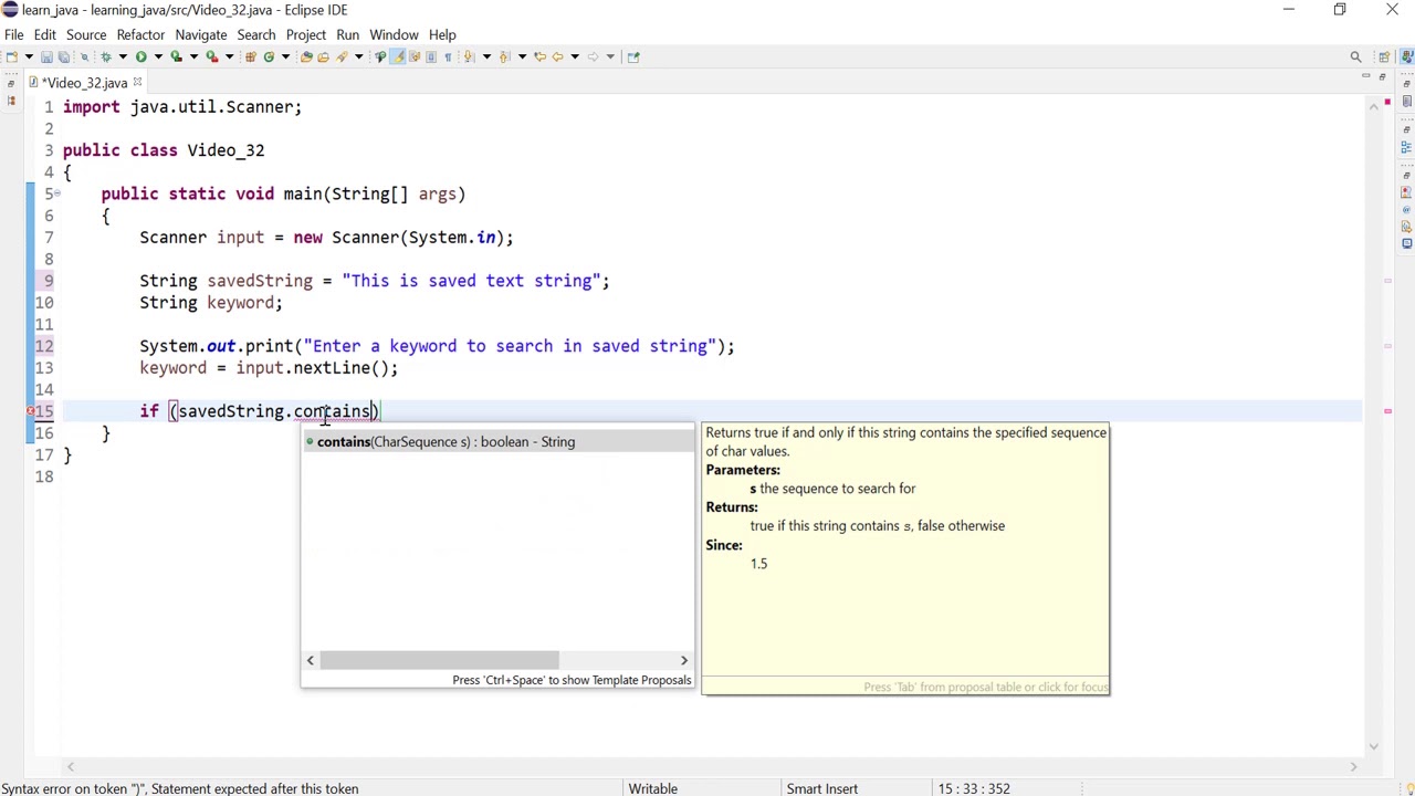 Java 32: Check if a string is contained in another string using the contains method