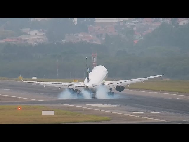 Camera captures impressive image of plane landing sideways in Guarulhos ...